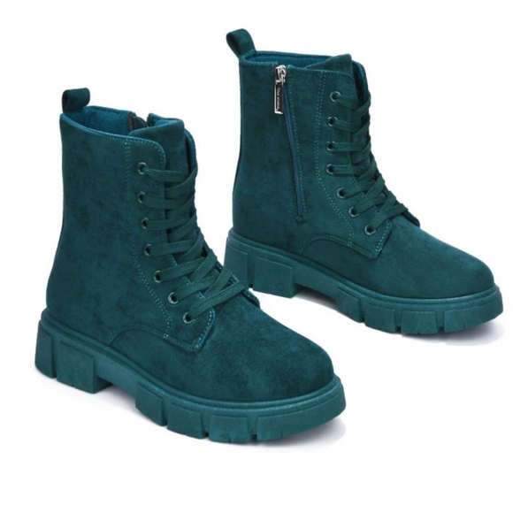 Shoes | Womens Suede Combat Ankle Boots Lace Up Heeled Teal Color ...